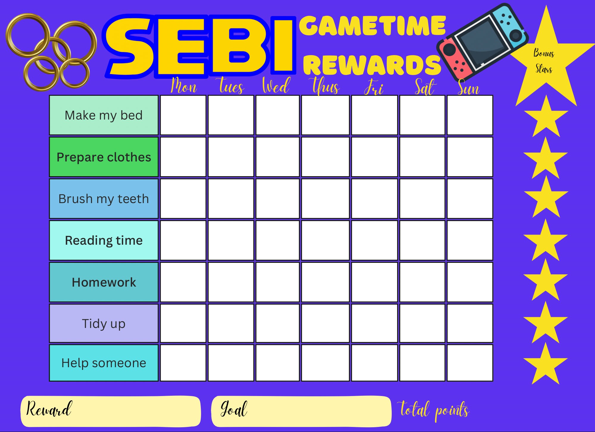 Childrens Reward Chart Digital Download Printable Star Chart Kids ...