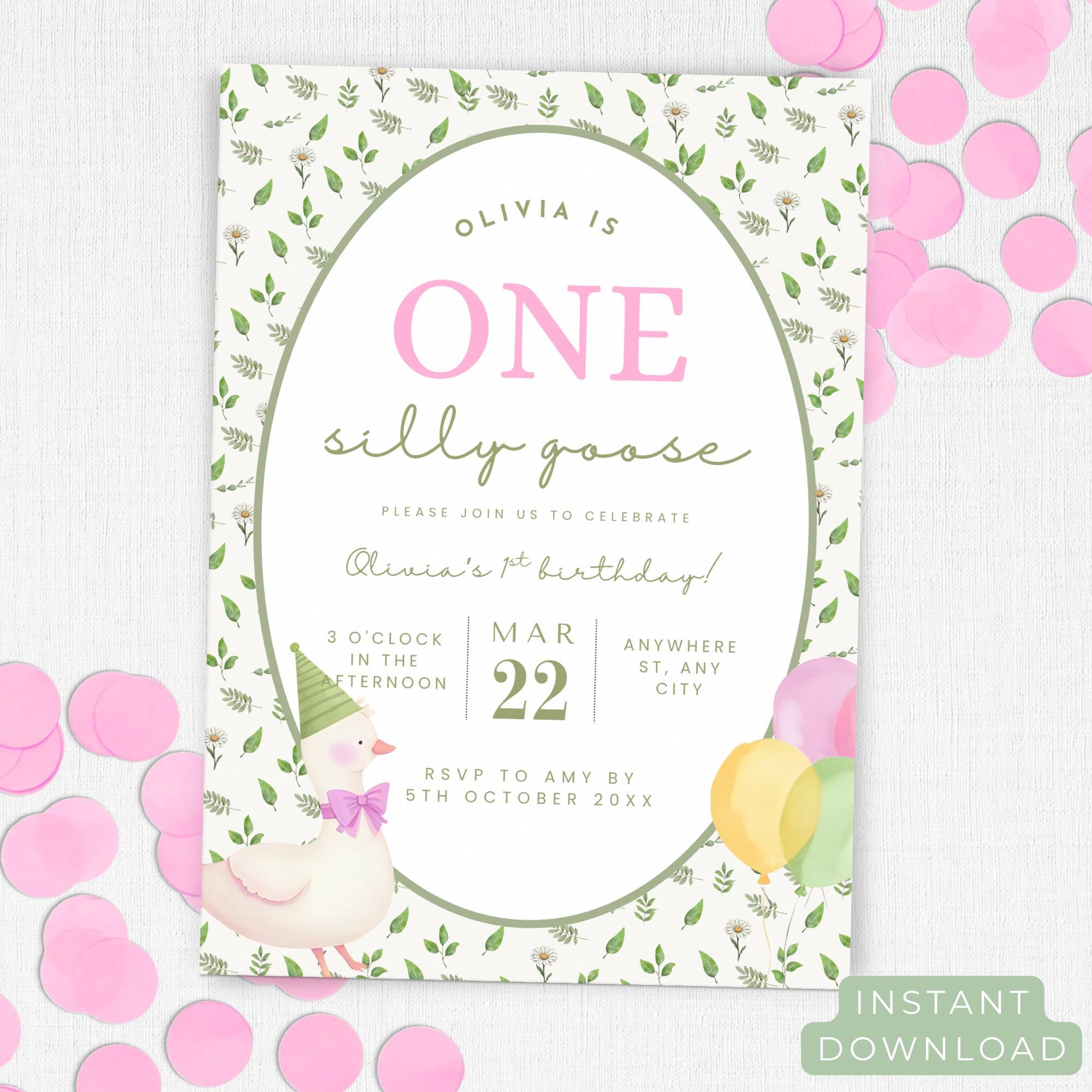 One Silly Goose Birthday Invitation Vintage Floral Daisy 1st Birthday ...