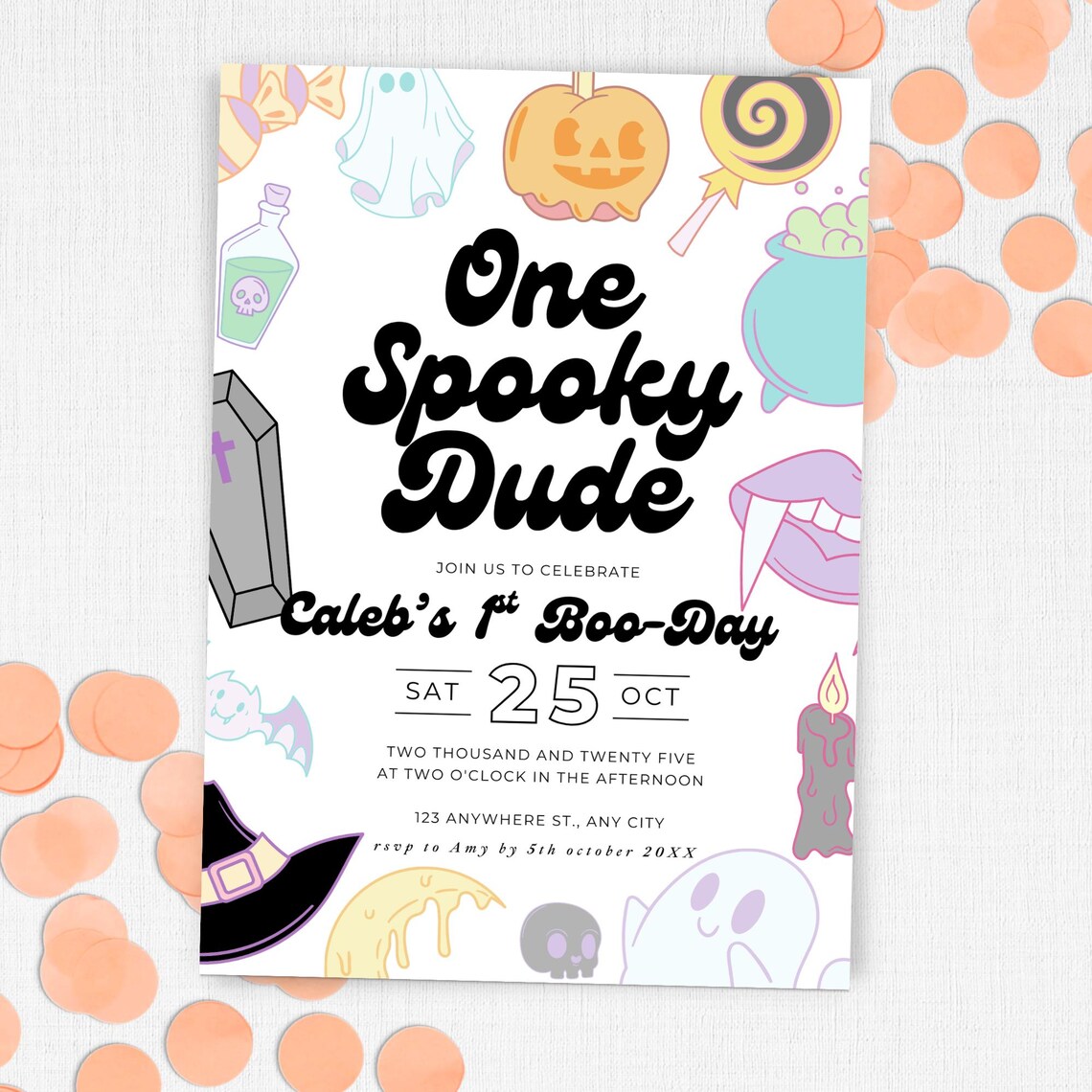 Editable One Spooky Dude Birthday Invitation Halloween Boy 1st Birthday ...