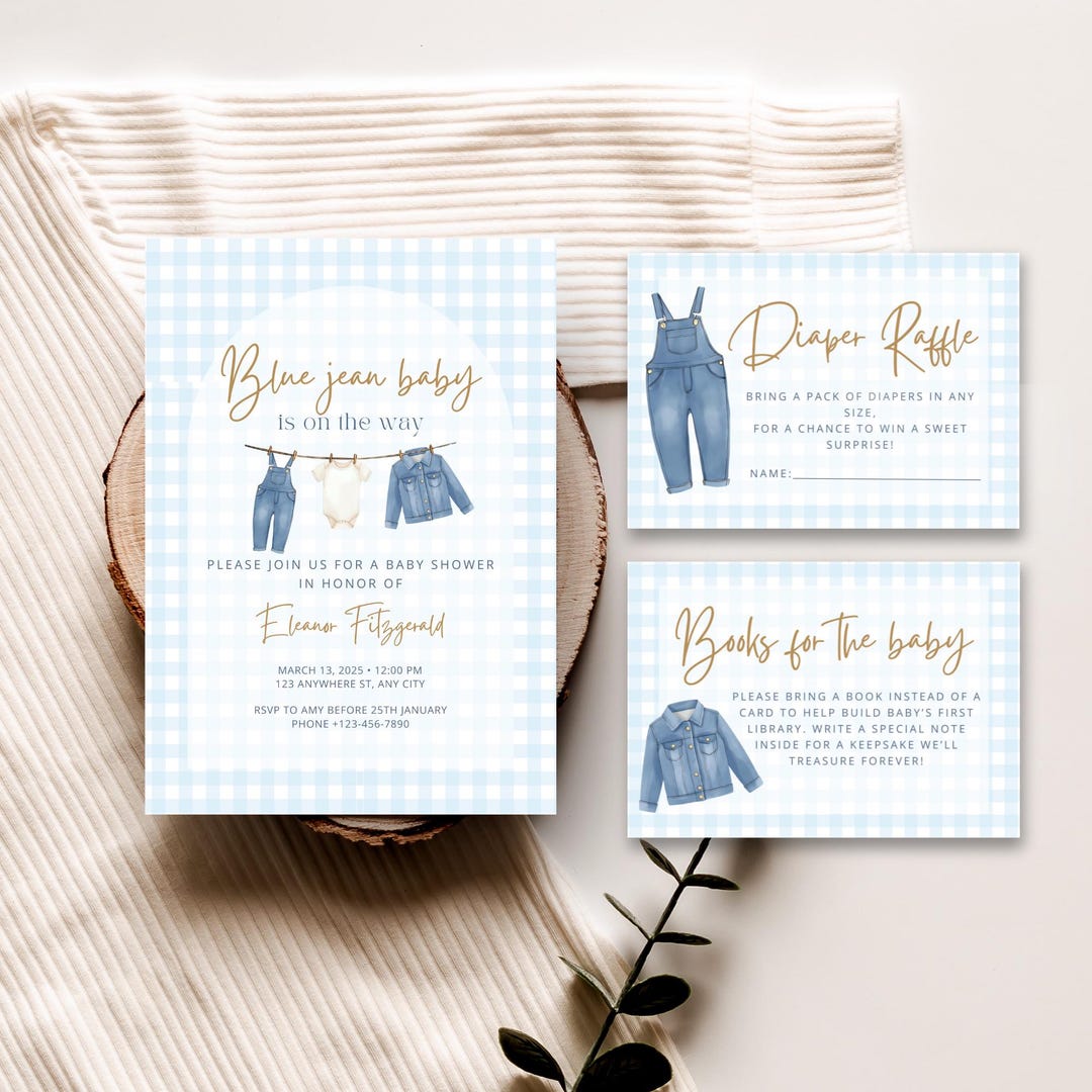 Blue Jean Baby Shower Invitation Bundle for Boys, Denim Diamond Blue ...