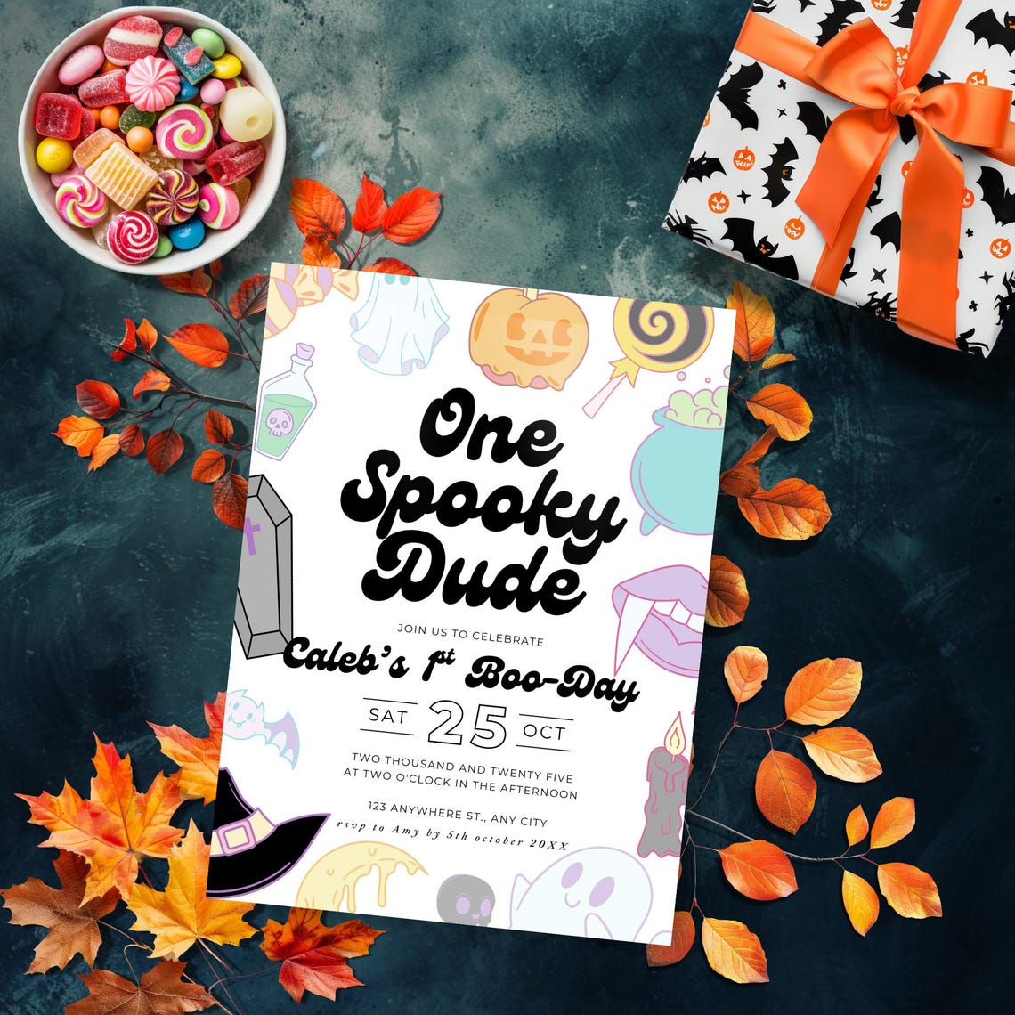 Editable One Spooky Dude Birthday Invitation Halloween Boy 1st Birthday ...