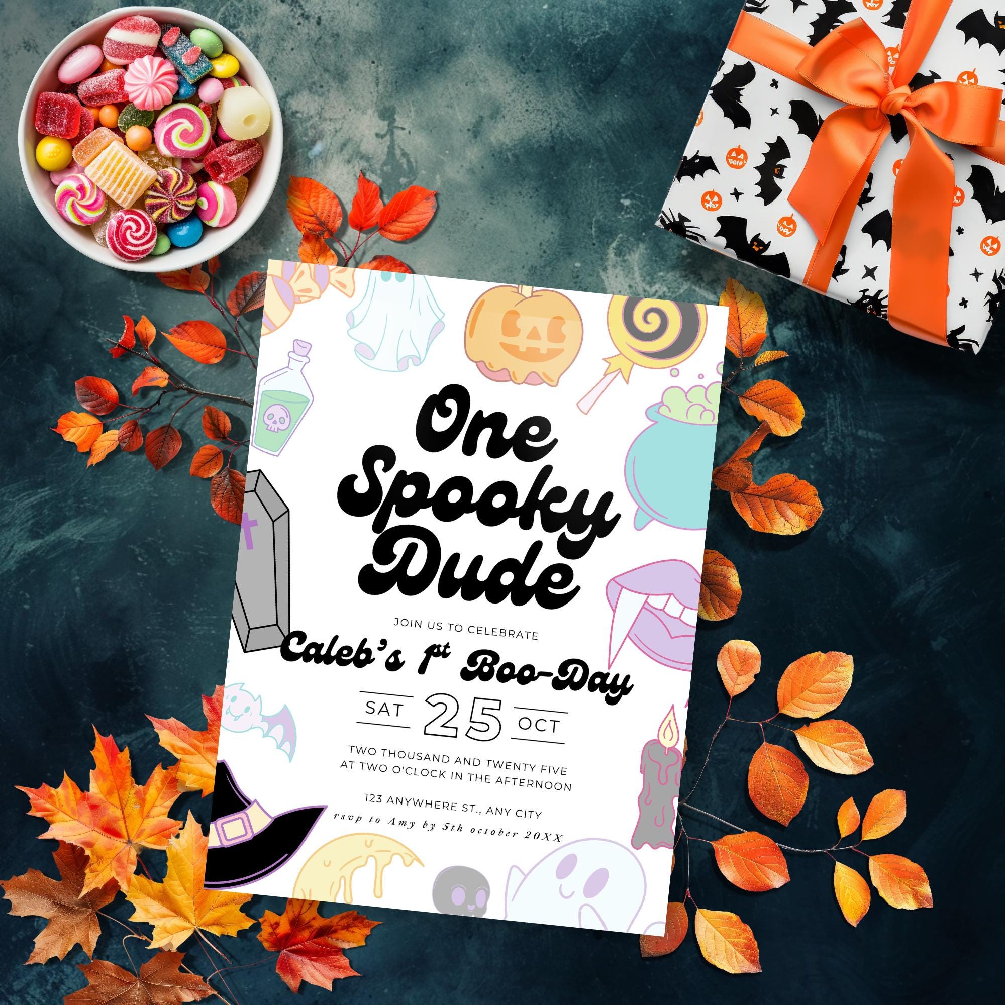 Editable One Spooky Dude Birthday Invitation Halloween Boy 1st Birthday ...