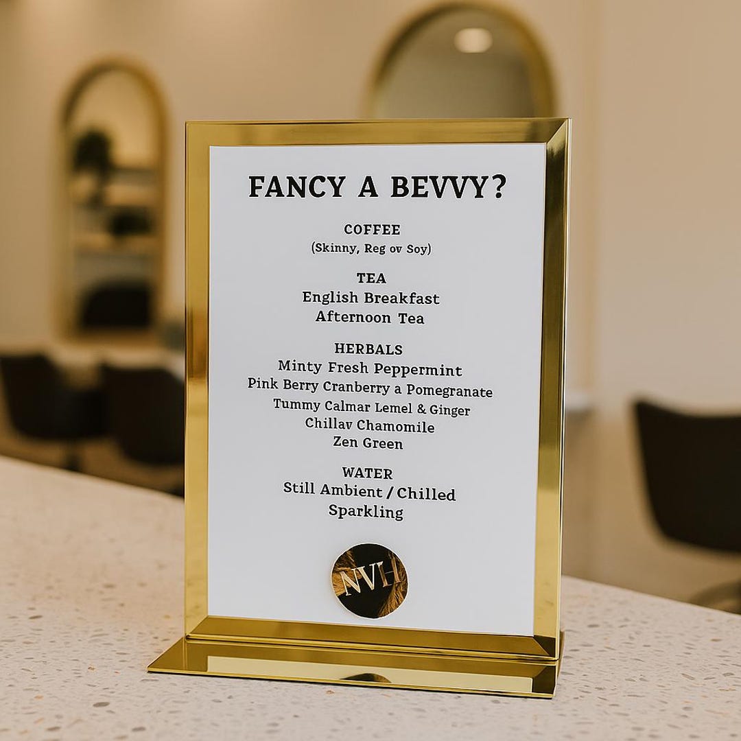Luxe Gold Acrylic Drinks Menu Sign | Custom Salon or Spa Beverage ...