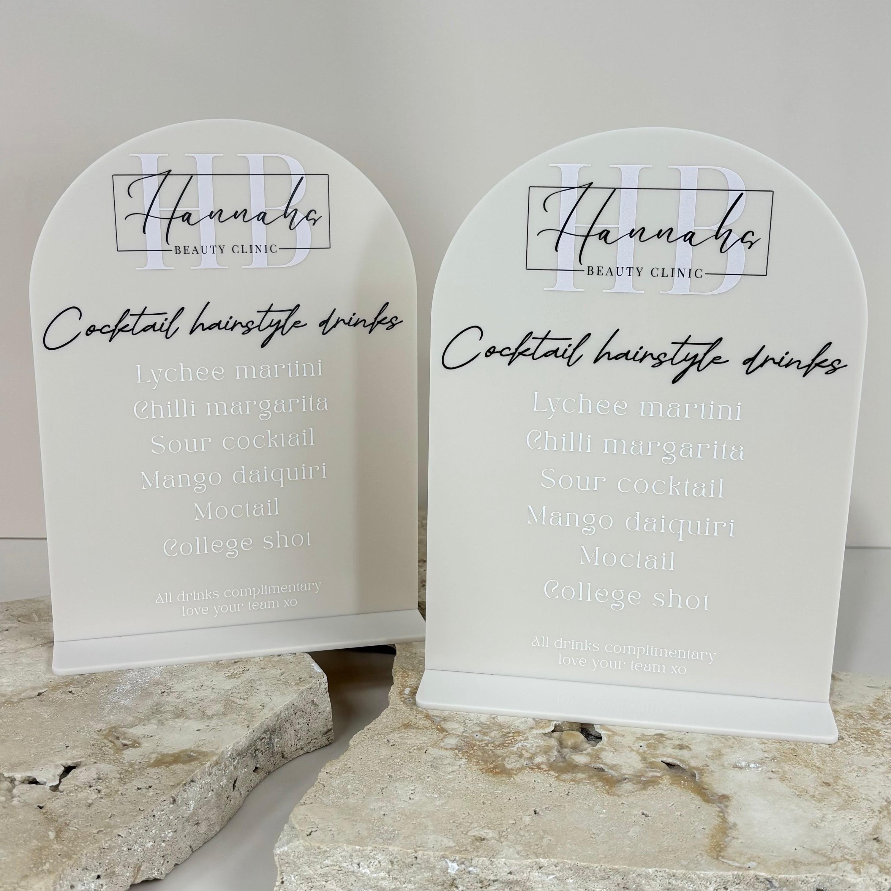 Custom Acrylic Drinks Menu | Arch Bar Sign for Coffee, Salon & Spa ...
