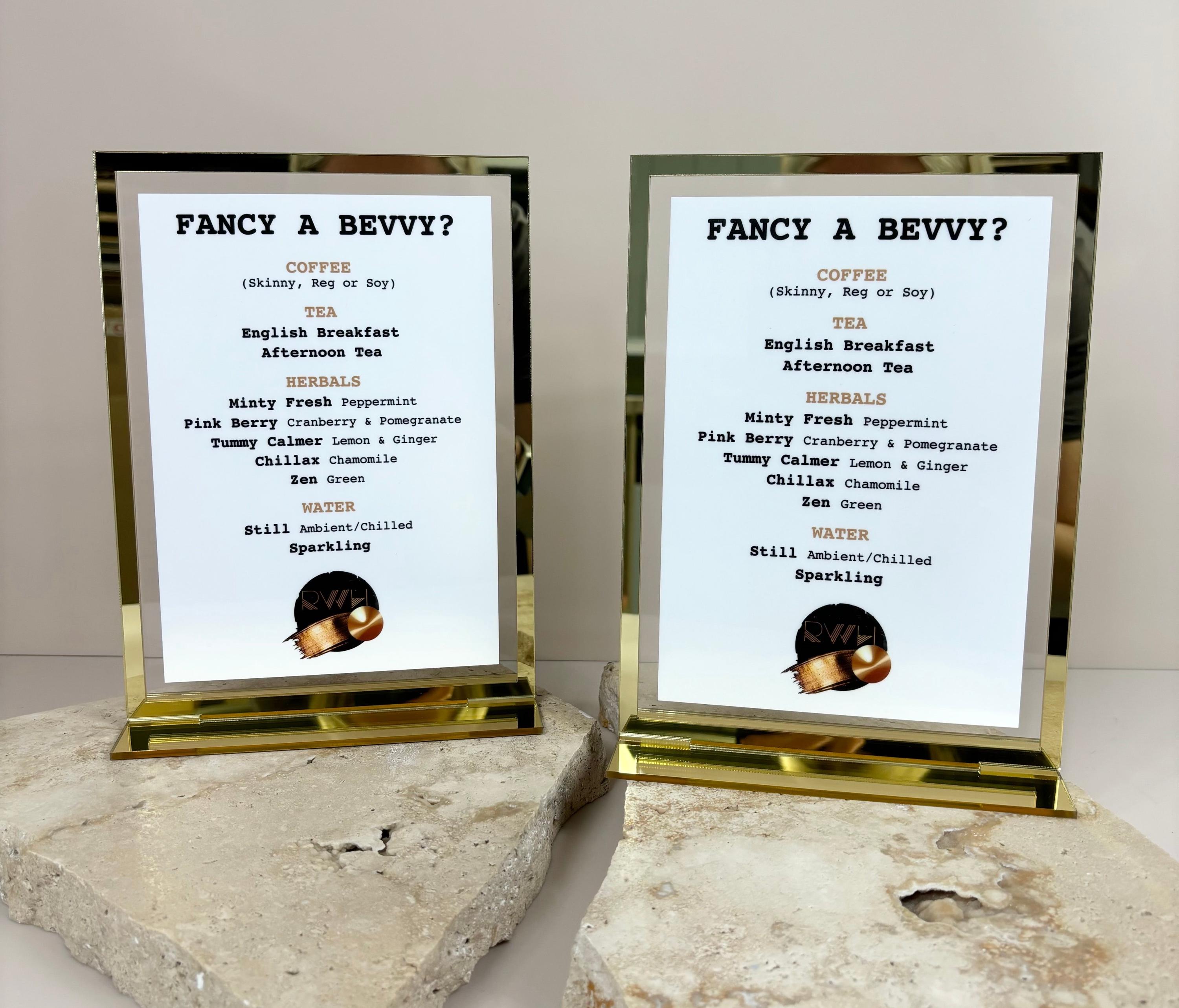 Luxe Gold Acrylic Drinks Menu Sign | Custom Salon or Spa Beverage ...