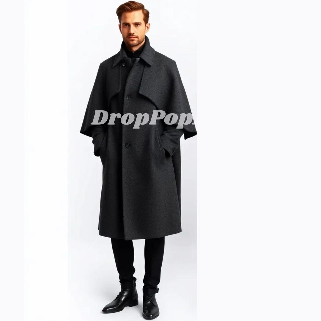 Men's Black Wool Cape Coat, Men's Inverness Blend of Classic Style and ...