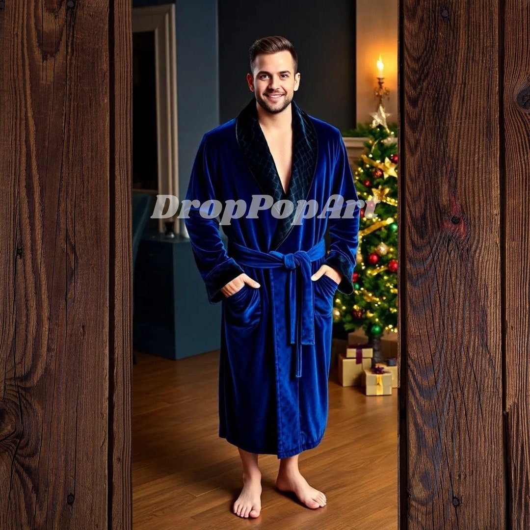 Men's Velvet Christmas Smoking Robe, Christmas Long Smoking Robe, Men's ...