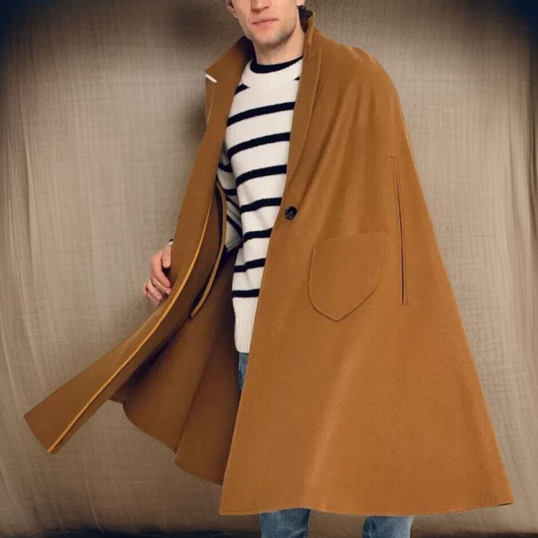 Men's Wool Long Cape Coat, Mens Cape Coat Wool Long Cape - Perfect ...