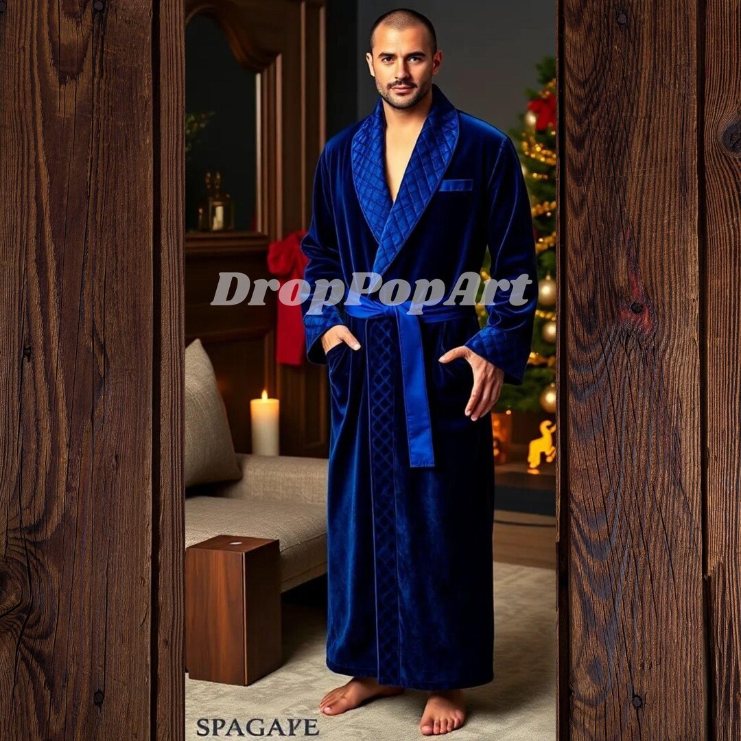 Men's Velvet Christmas Robe: Elegant Blue Holiday Loungewear - Etsy