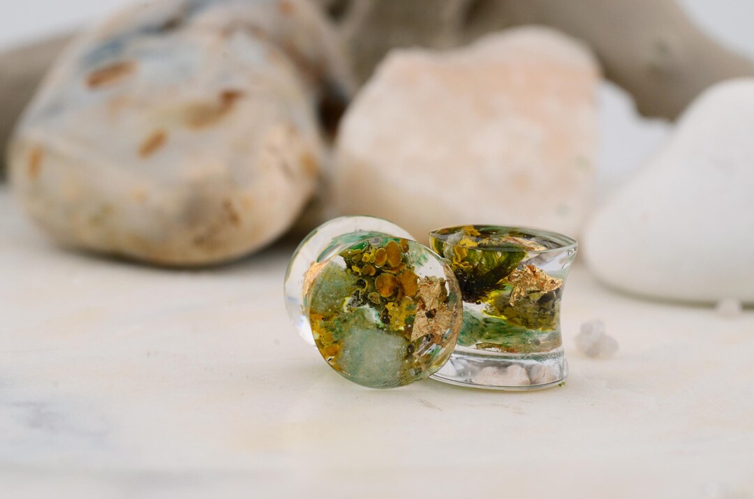 Ear Tunnels With Green Jade Inlay, Natural Bark Design, Organic Body ...