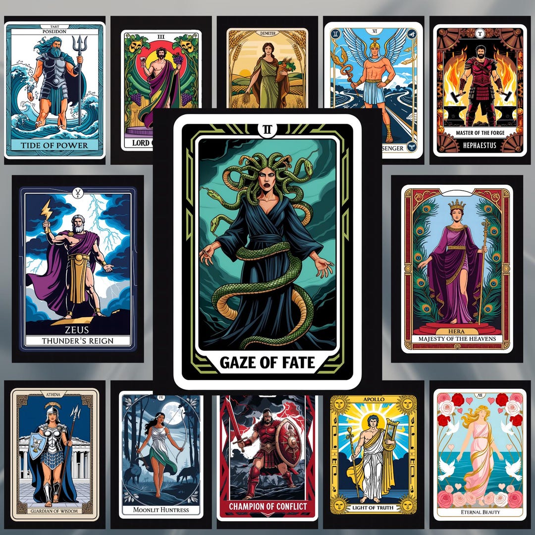 12 Olympian Gods and Medusa Tarot Poster Set Featuring Zeus, Athena ...