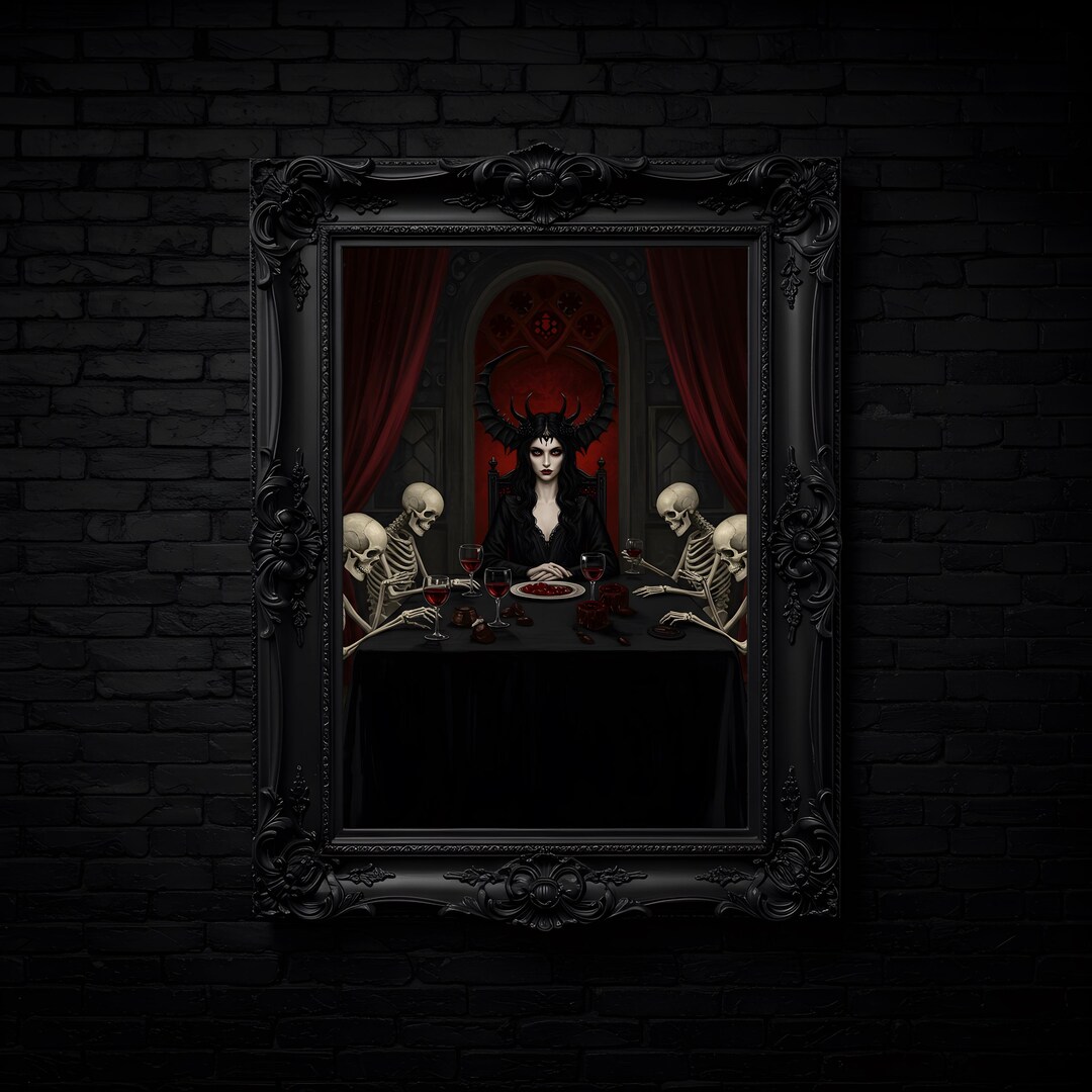 Lilith Last Supper | Gothic Skeleton Oil Painting Red Wine Wall Art ...