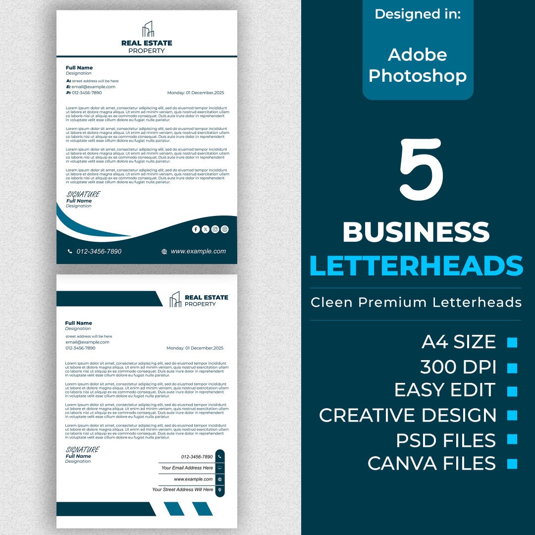 Printable 5 Business Letterhead Designs, Letterhead Template, Printable ...