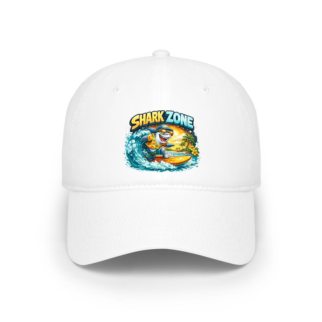 Shark Zone Surfing Cartoon Low Profile Baseball Cap | Ocean Wave Beach ...