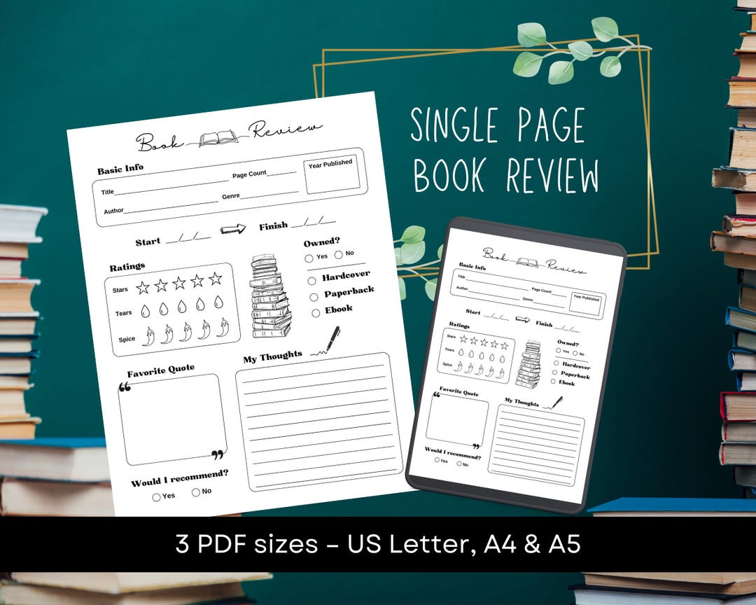 Book Review Template, Single Page Printable, Digital Download PDF, Book ...