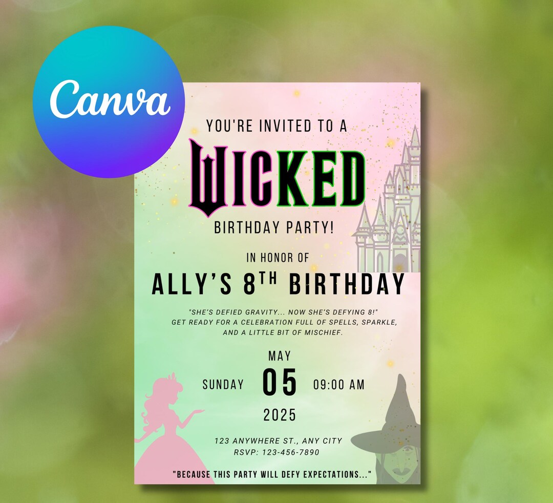 Wicked Birthday, Glinda, Elphaba, Themed Invitation, Edit-with-canva ...