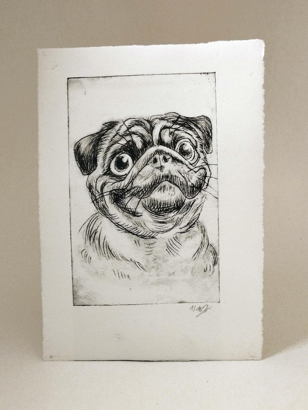 Pug – Handmade Animal Portrait as Etching, Limited and Signed Unique ...