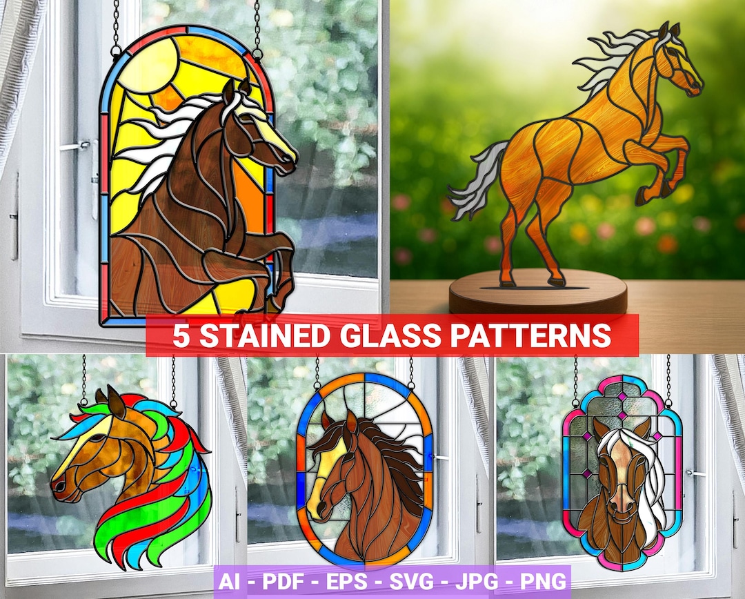 Paquete de patrones de vitrales con caballos / 5 plantillas para atrapasoles de caballos ...