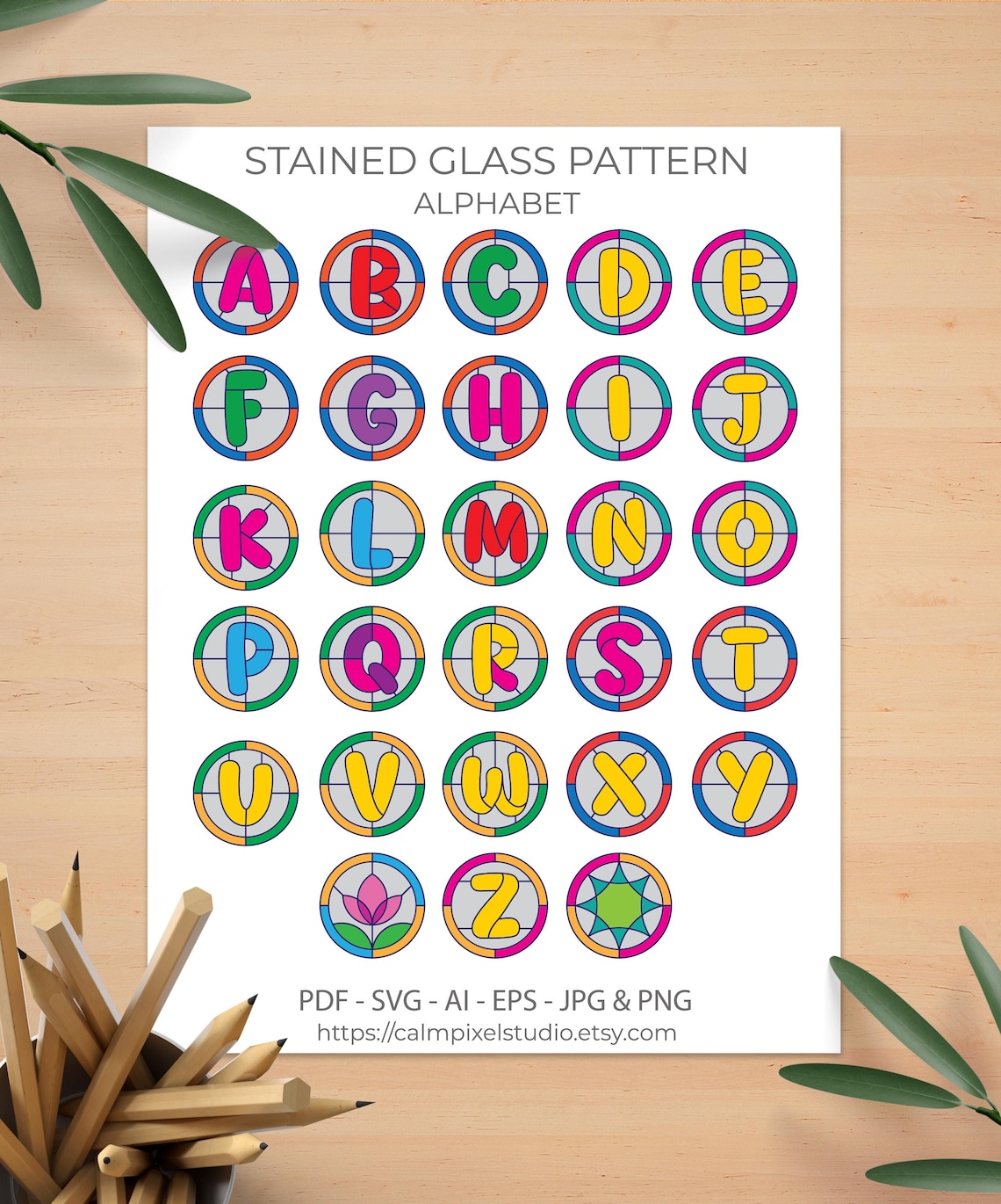 Stained Glass Alphabet Pattern | Round Monogram Template (PDF, SVG, AI ...