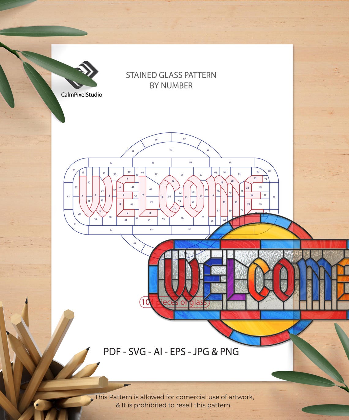 Stained Glass Welcome Sign Pattern: DIY Numbered Template (PDF Download ...