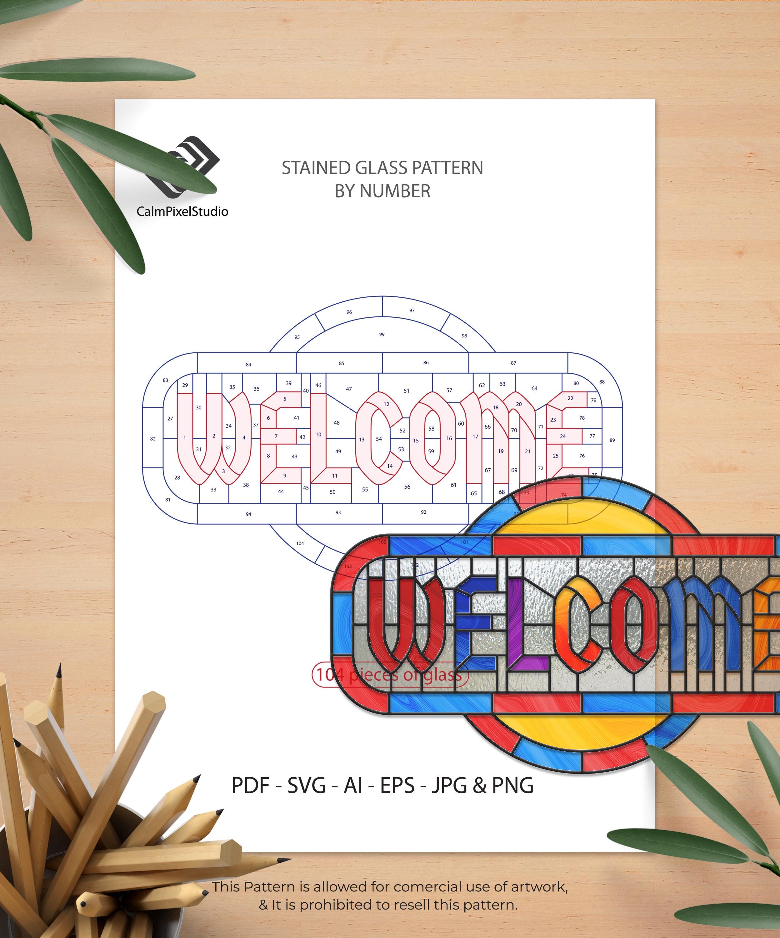 Stained Glass Welcome Sign Pattern: DIY Numbered Template (PDF Download ...