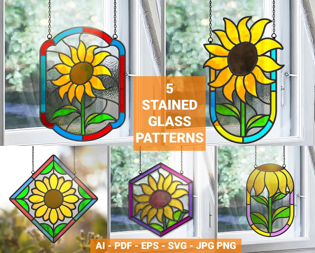 Sunflower Stained Glass Pattern Set: Floral Suncatcher Templates ...