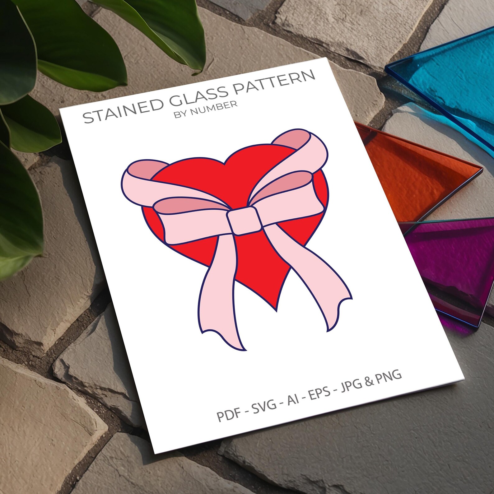 Love & Ribbon Stained Glass Pattern | Valentine Heart Design | Romantic ...