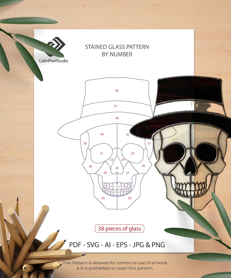 Skull With Hat Stained Glass Pattern – Vintage Style Skeleton Face ...