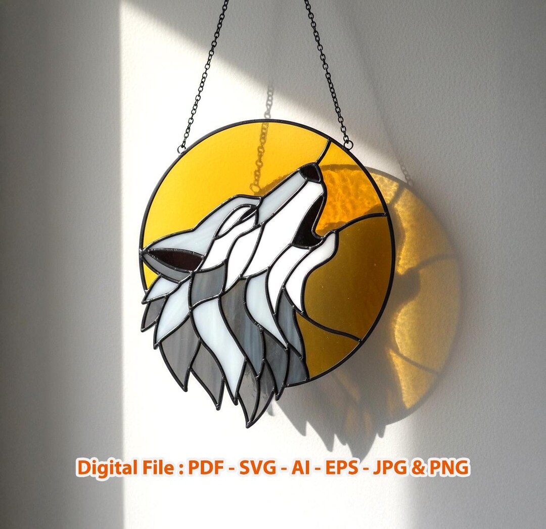 Wolf and Moon Stained Glass Pattern – Geometric Animal Head Template - Etsy