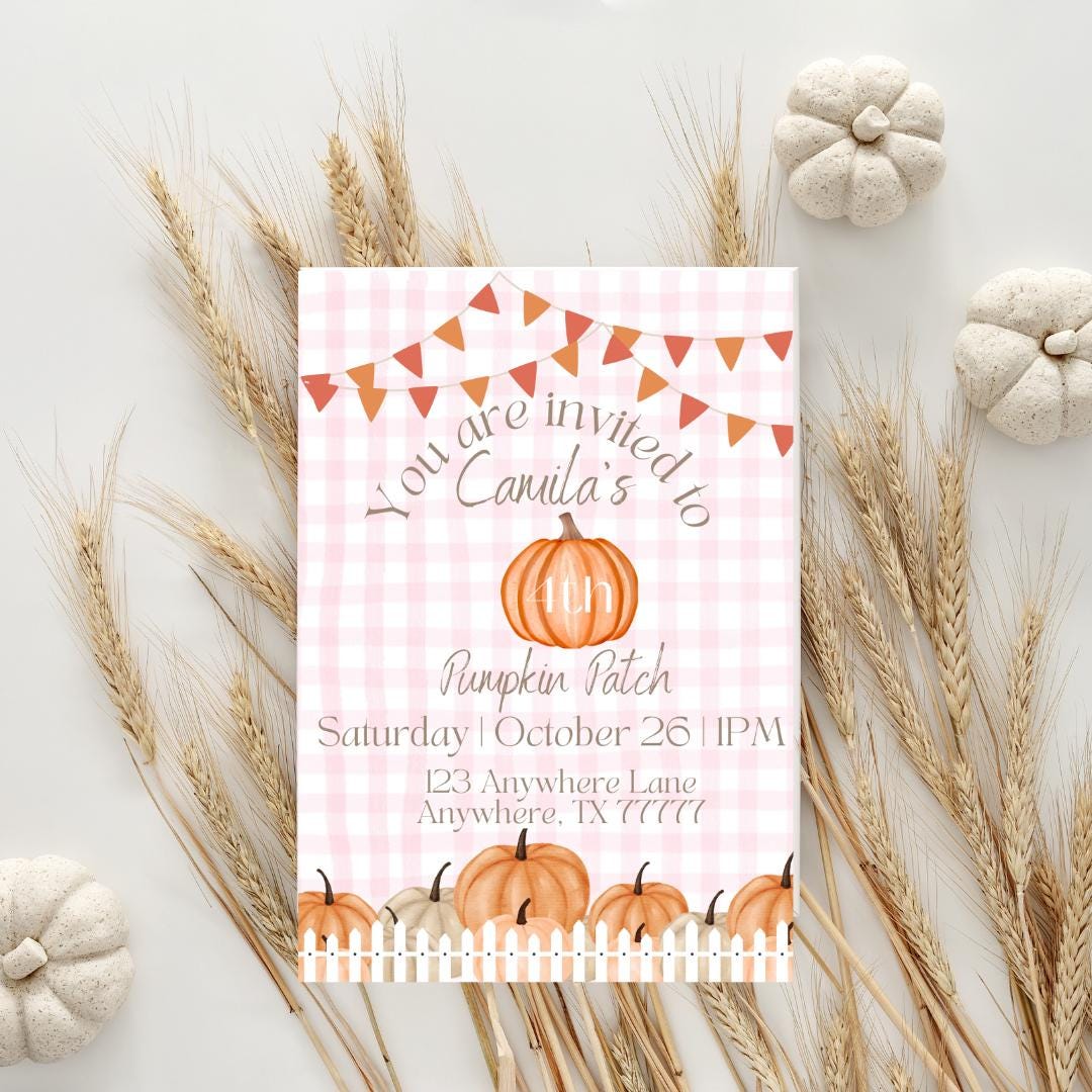 Cute Pumpkin Patch Birthday Invitation, Bash, Fall, Autumn, Party, Pink ...