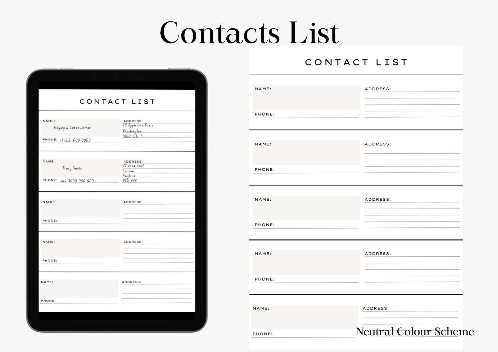 Digital Contact List Neutral Colors Printable & Digital Download for ...