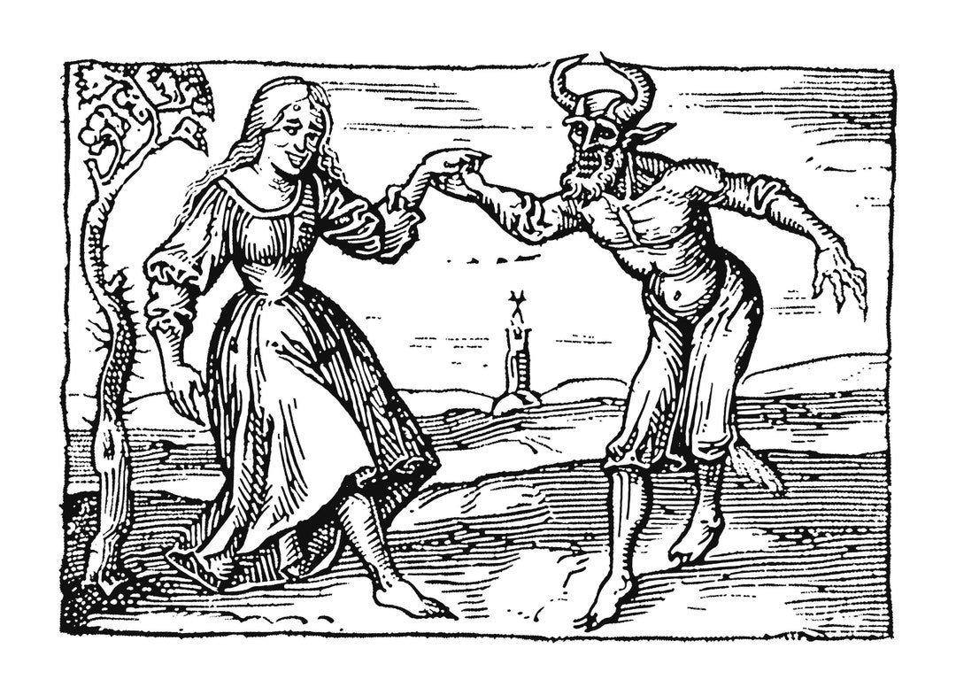 Woodcut Illustration of a Woman Dancing With a Demon. Vintage Grunge ...