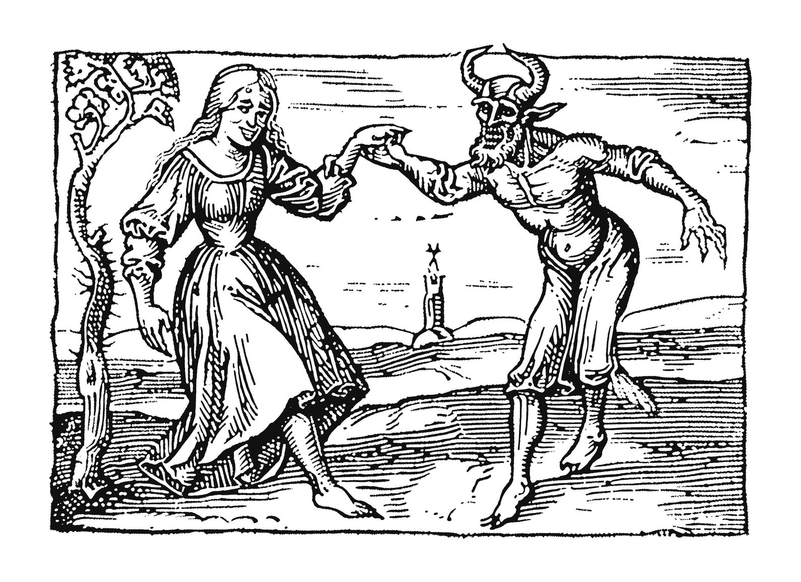 Woodcut Illustration of a Woman Dancing With a Demon. Vintage Grunge ...