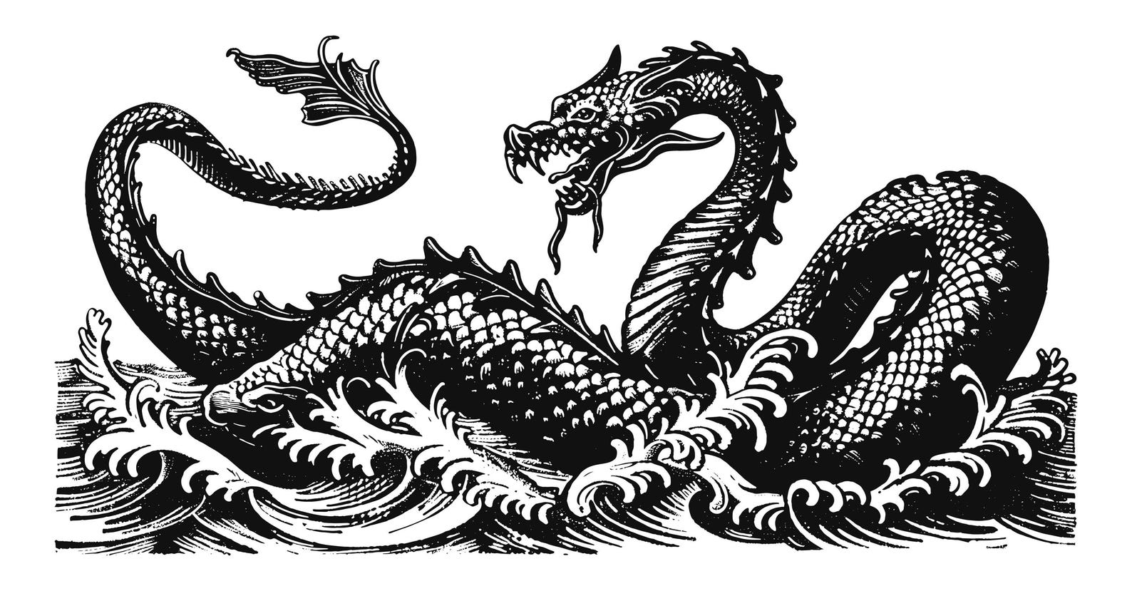 Woodcut Illustration of a Sea Serpent. Vintage Old Ancient Grunge ...