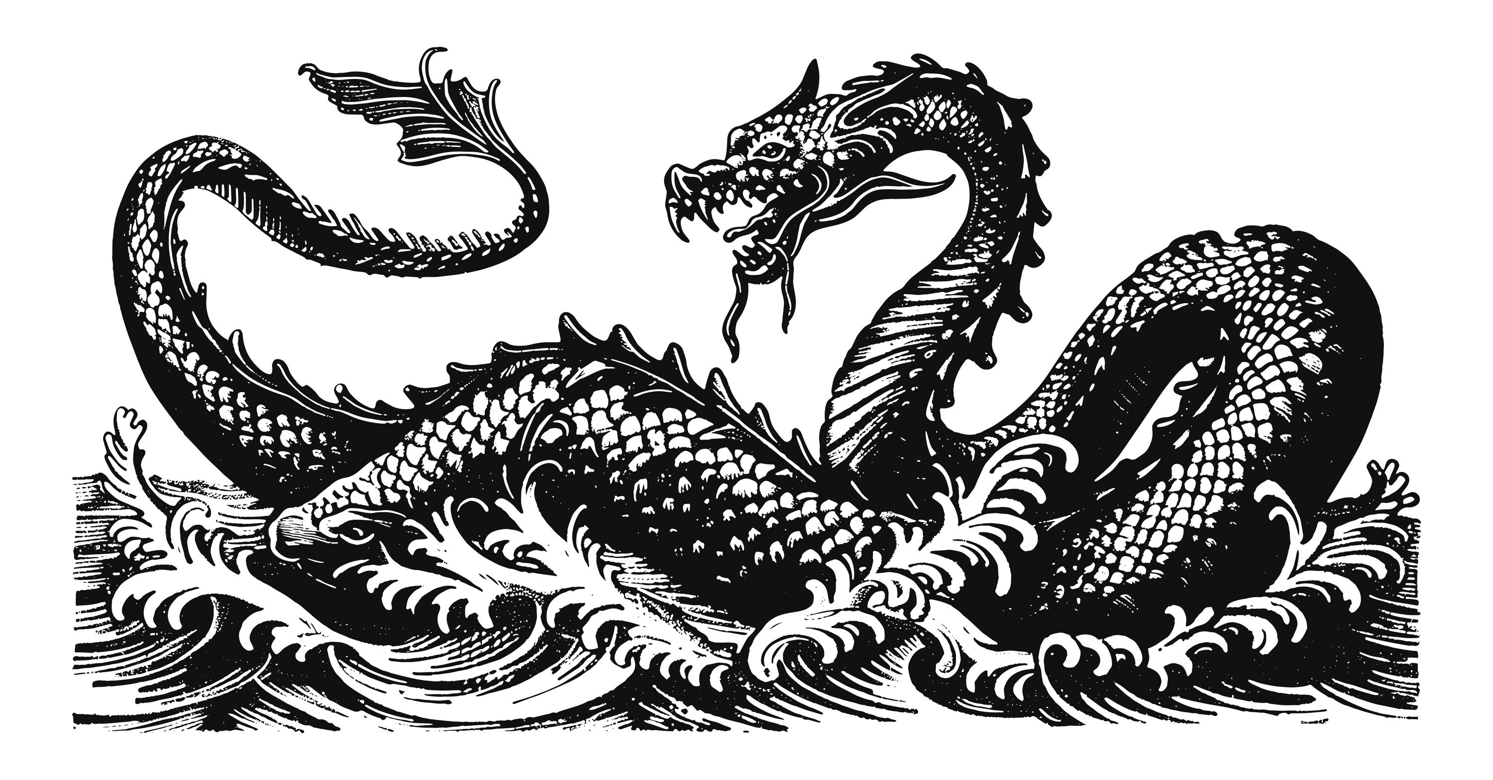 Woodcut Illustration of a Sea Serpent. Vintage Old Ancient Grunge ...
