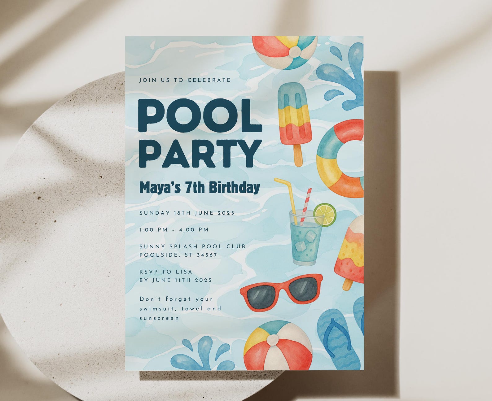 Pool Party 7th Birthday Invitation, Summer Birthday Party Invite ...