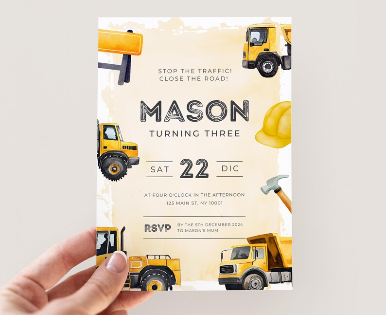 Construction 3rd Birthday Invitation, Construction Invite, Party ...