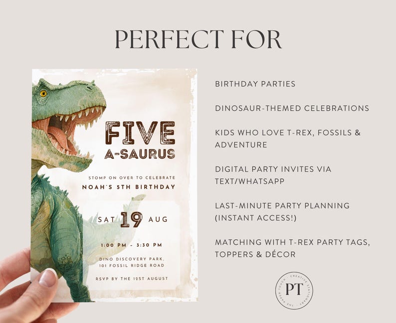 Five A-saurus Birthday Invitation, Editable Canva Template, Dinosaur ...