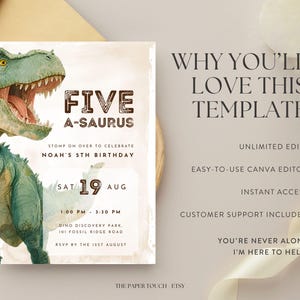 Five A-saurus Birthday Invitation, Editable Canva Template, Dinosaur ...