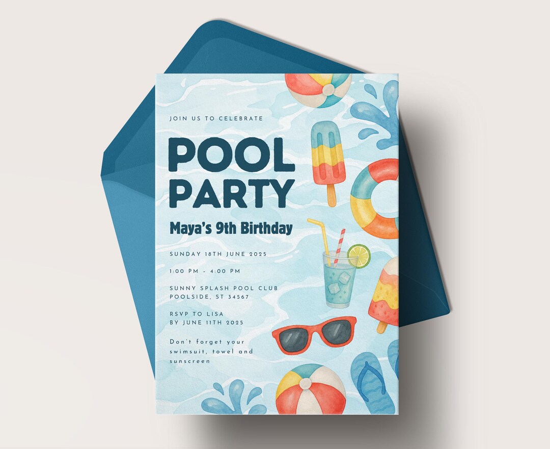Pool Party 9th Birthday Invitation, Summer Birthday Party Invite ...