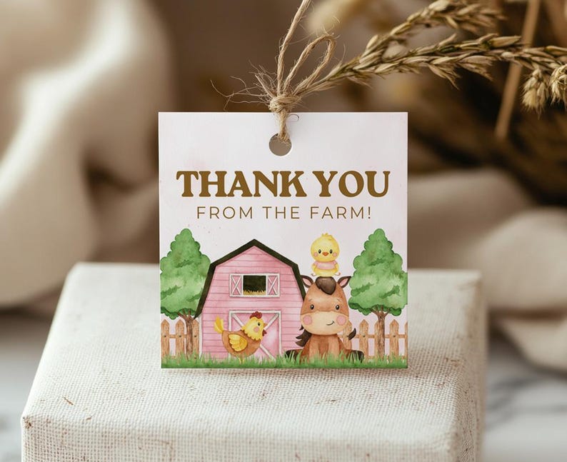 Pink Farm Thank You Tags, Editable Canva Template, Barnyard Girl Party ...