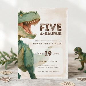 Five A-saurus Birthday Invitation, Editable Canva Template, Dinosaur ...