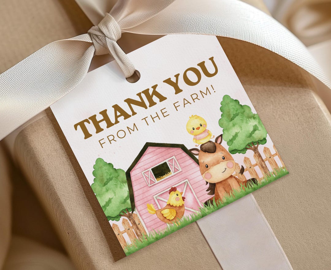 Pink Farm Thank You Tags, Editable Canva Template, Barnyard Girl Party ...