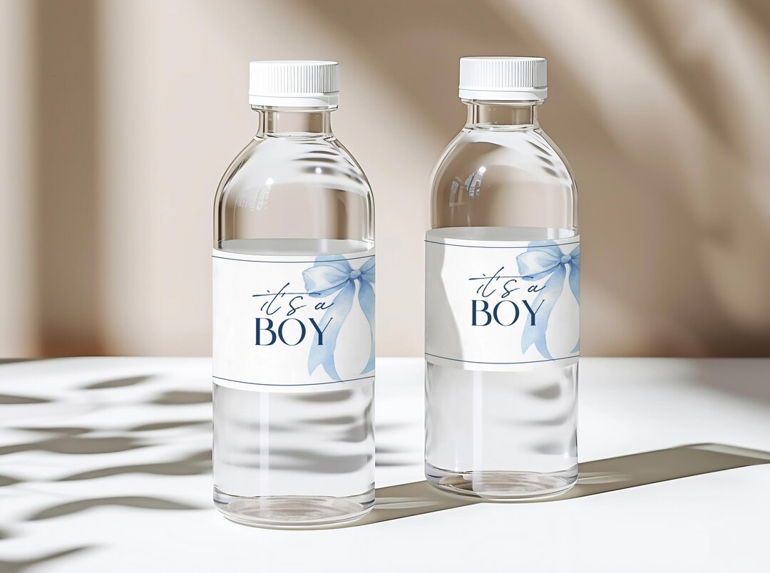 Blue Bow Water Bottle Label, Printable Boy Baby Shower Labels, Blue Bow ...
