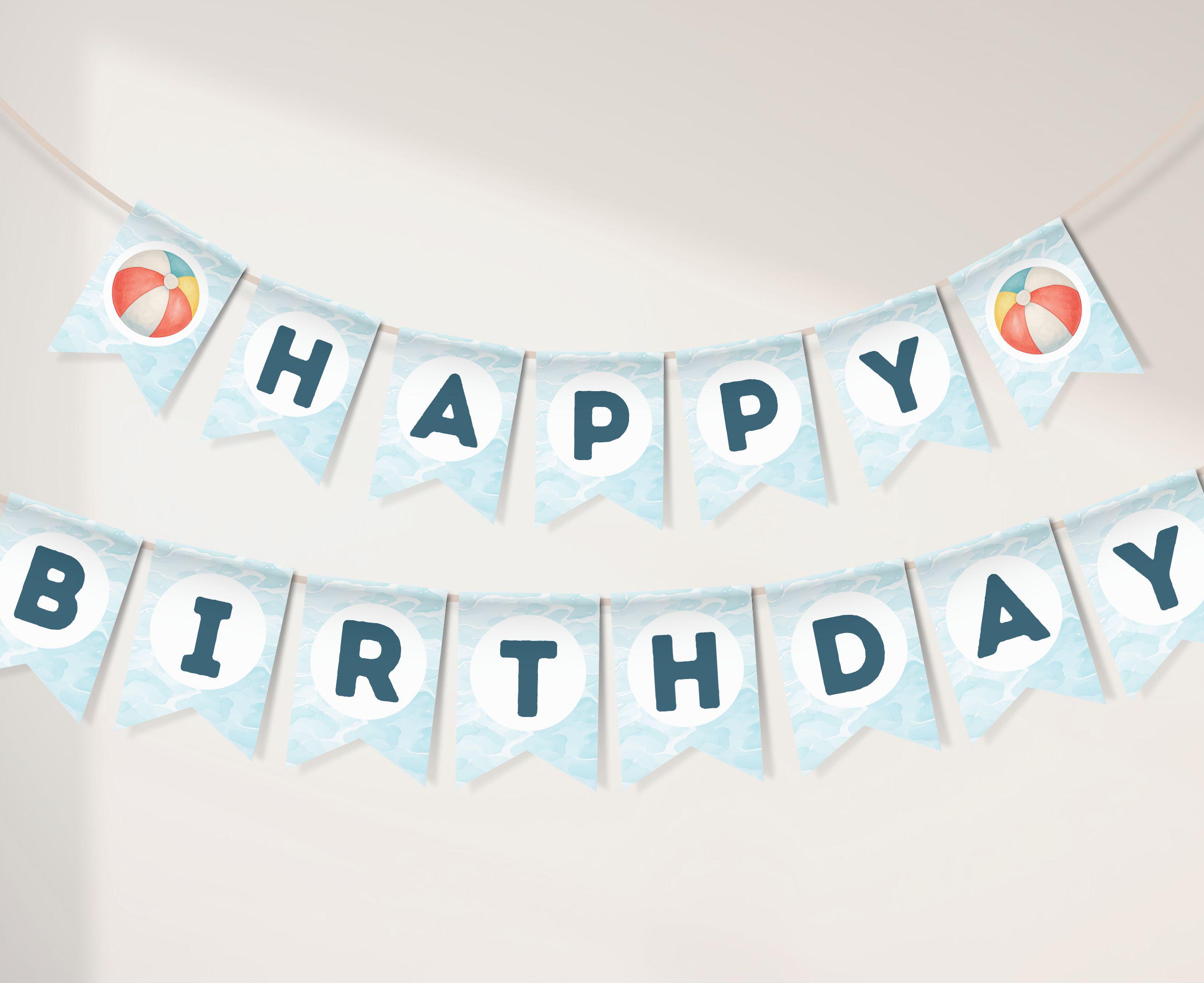 Pool Party Birthday Banner Printable, Printable Summer Birthday Bunting ...