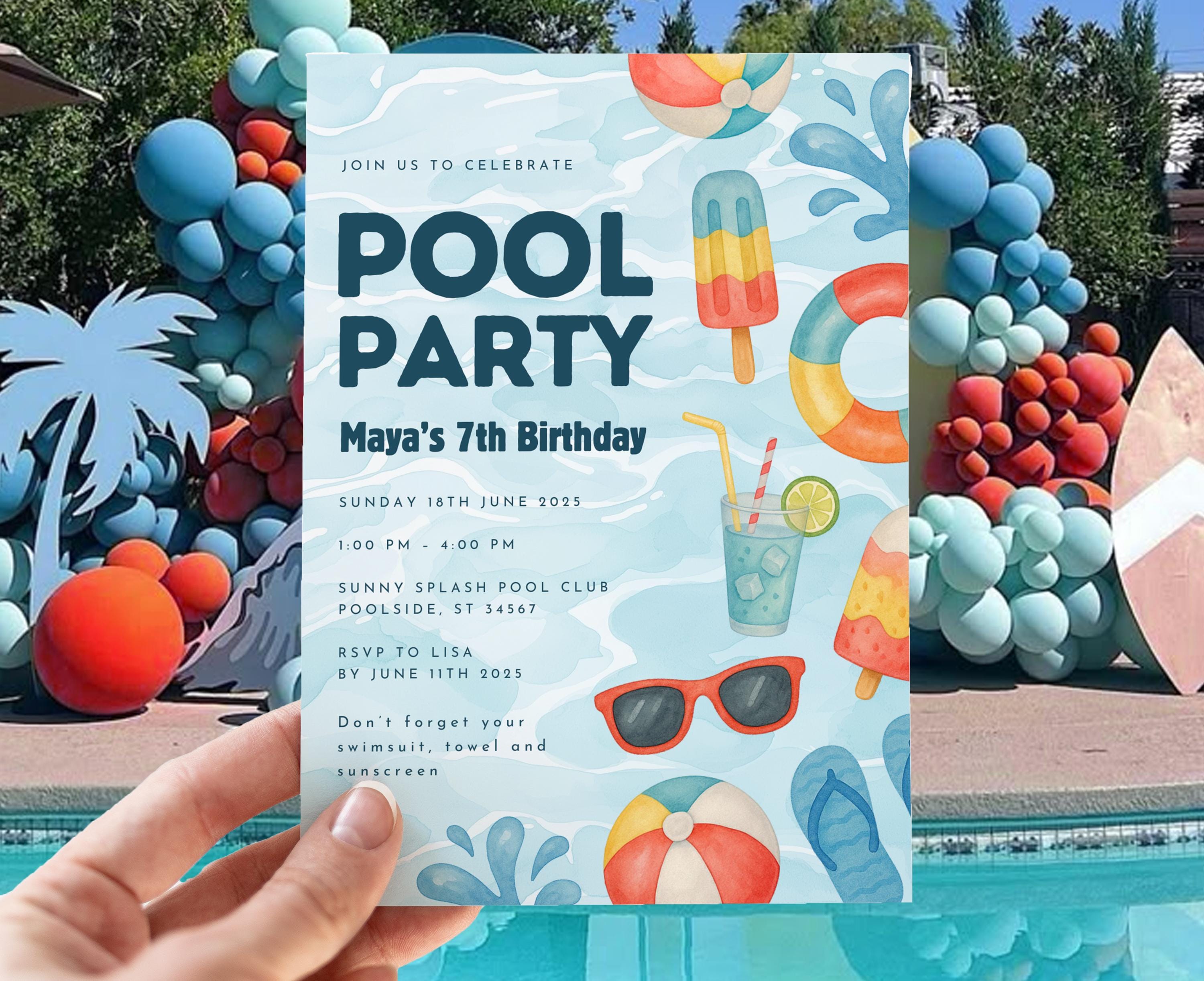Pool Party 7th Birthday Invitation, Summer Birthday Party Invite ...
