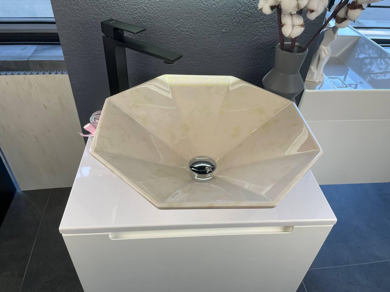 Geometric Basin Bathroom Unusual Sink Engineered Marble Stone Beige ...