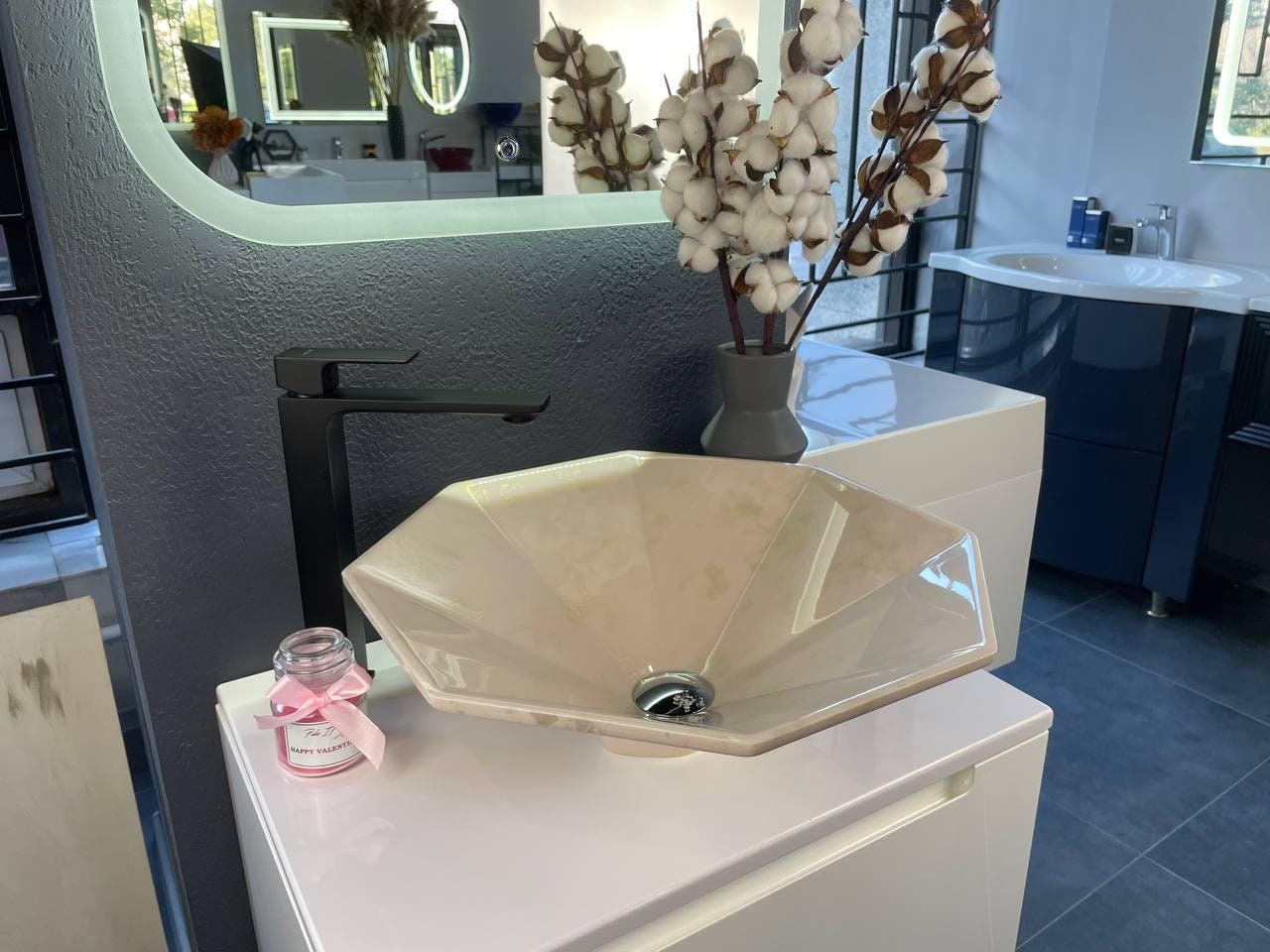 Geometric Basin Bathroom Unusual Sink Engineered Marble Stone Beige ...