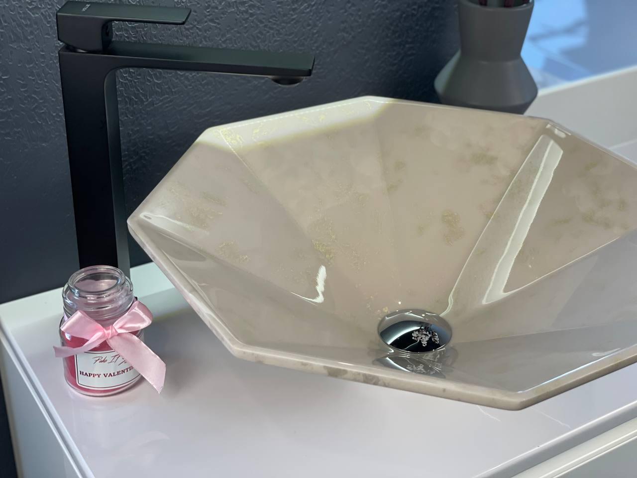 Geometric Basin Bathroom Unusual Sink Engineered Marble Stone Beige ...