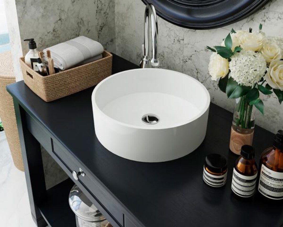 Luxury Marble Round Bowl Basin Vessel Bathroom Unusual Sink Engineered ...